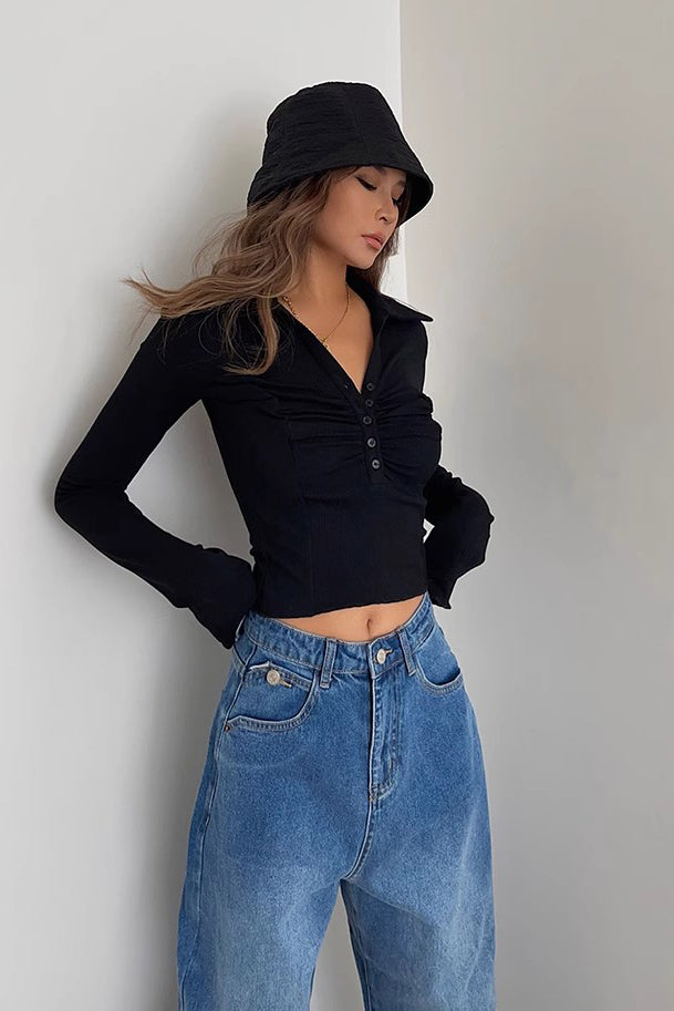 Rib-knit Pleated Fitted Tops T-shirt – TOP SHOW
