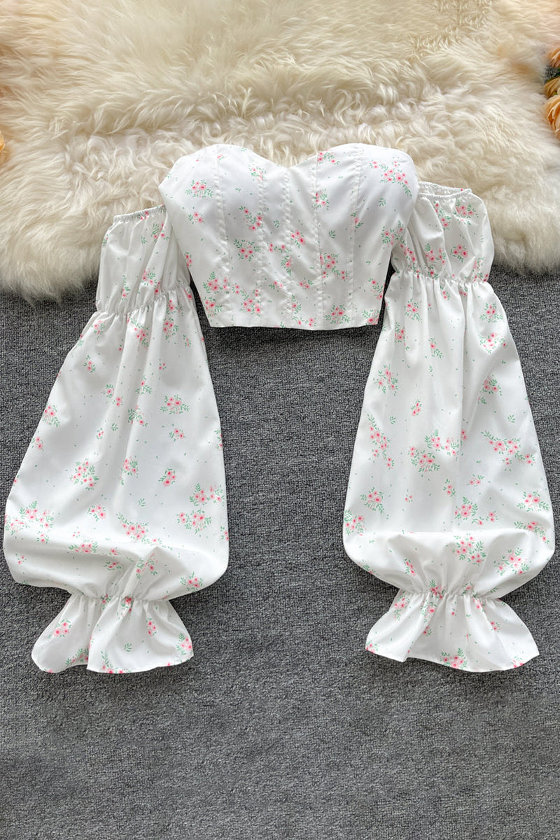 Strapless Floral Blouse Elastic Ruched Slim Long Sleeve Tops Women Off ...