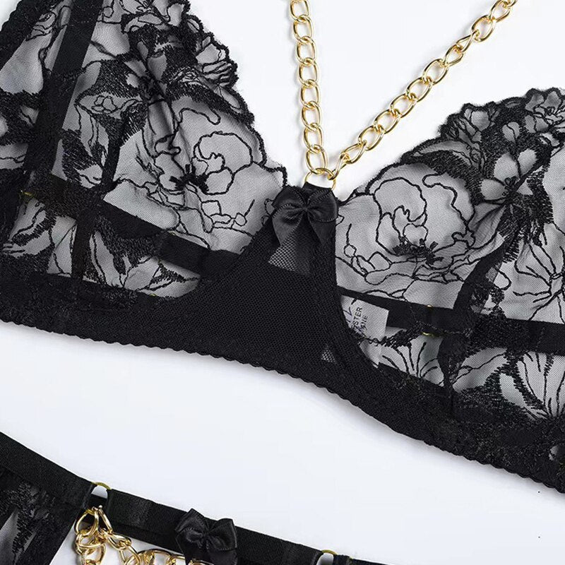 Women Fashion Floral Embroidery Lingerie Set Thin Transparent Bralette ...